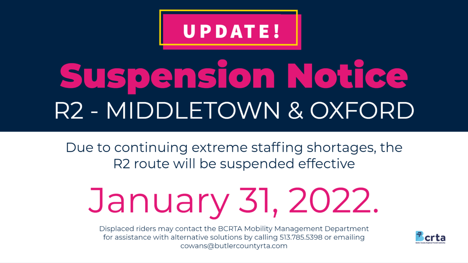 R2 Route Suspension Now Beginning JAN 31 - Butler County RTA